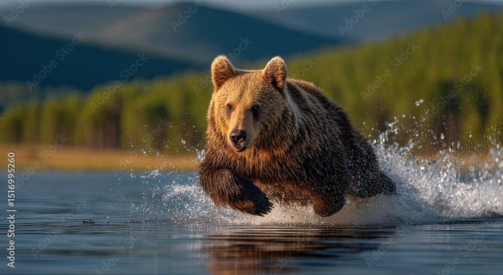 Grizzly Bear Leaping Through Water, Displaying Wildlife Conservation ...