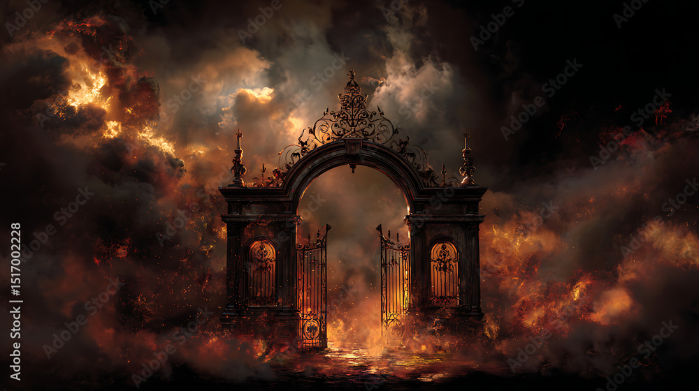 illustration of sinful curse hell gate with smoke and flame Stock Photo ...