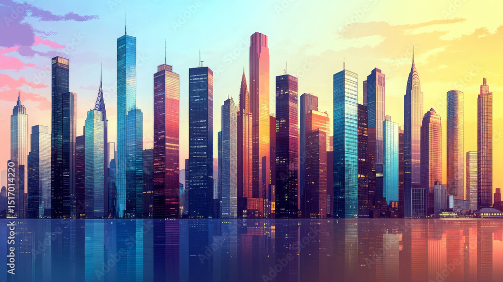 Illustrative set of skyscraper-filled city scenes shown at various ...