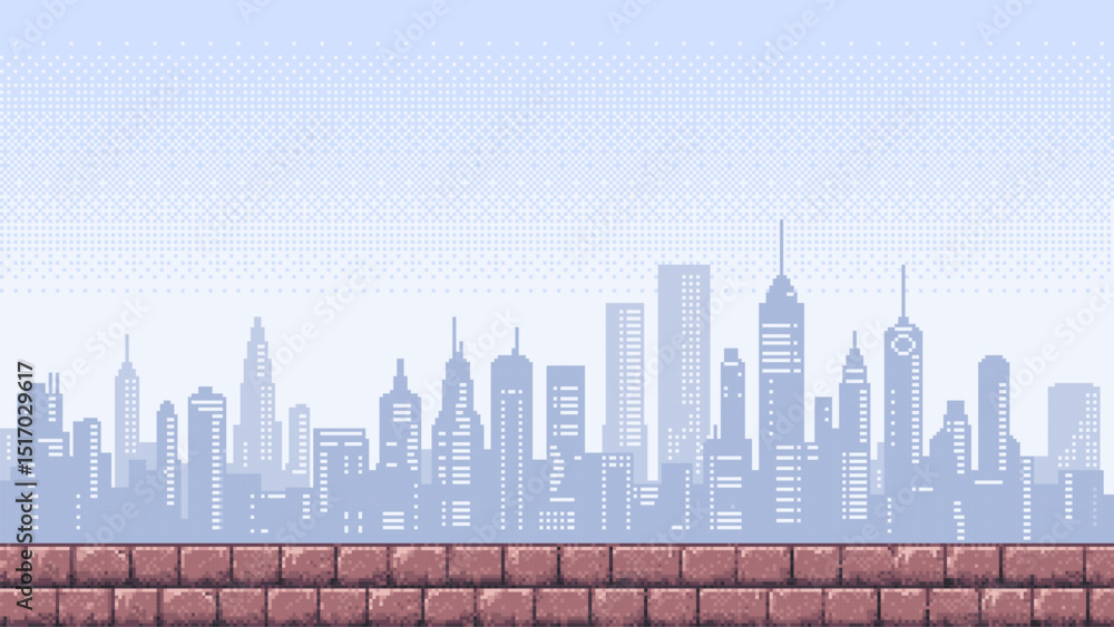 8-bit pixel art, 2D video game. vector background. empty city skyline ...