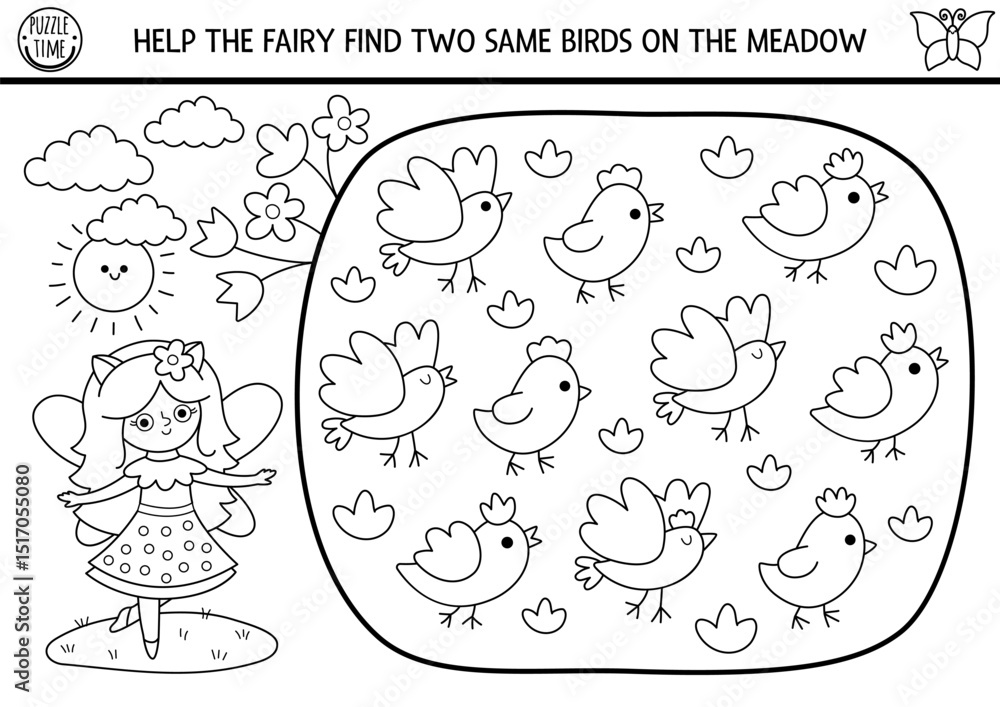 Help fairy find two same birds in the meadow. Fairyland black and white ...