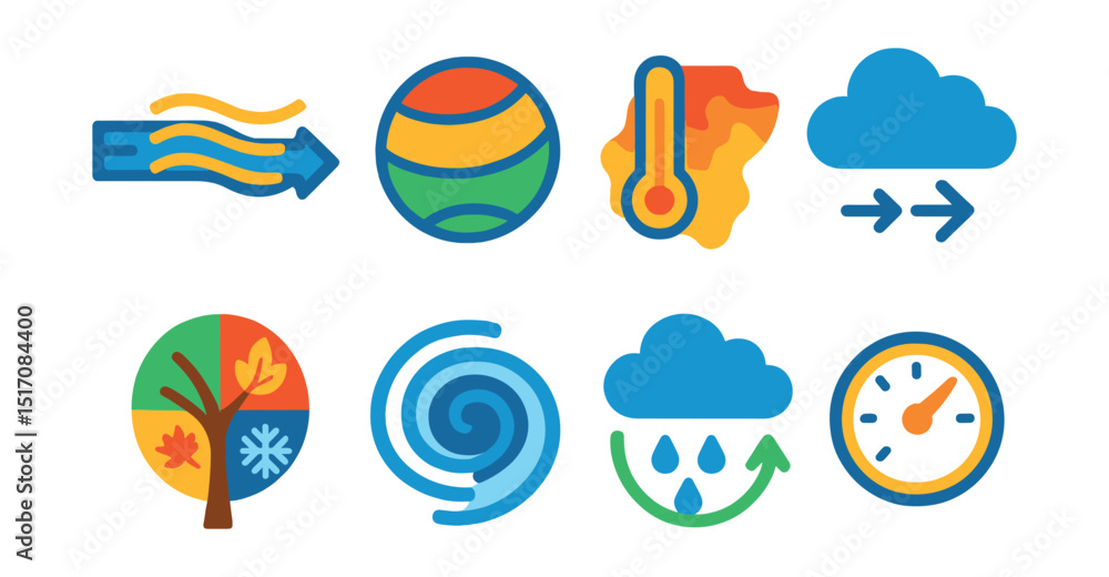 Flat vector icons of weather patterns: jet stream, climate zone icon ...