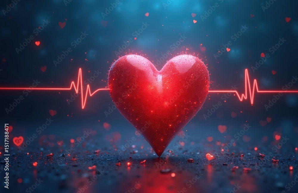 Real heart with heartbeat line on blue background. Valentines Day ...