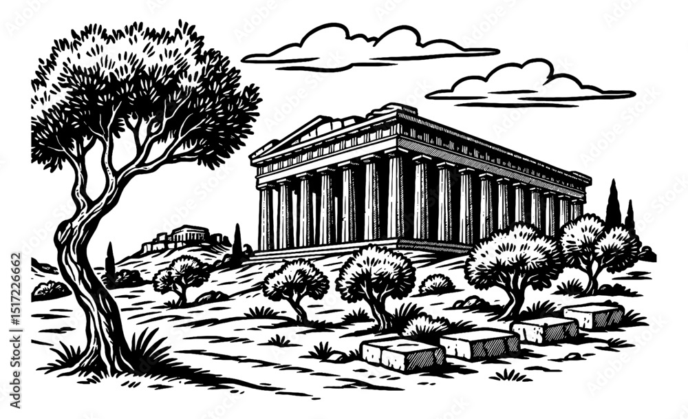 Detailed Black and White Engraving of Ancient Greek Temple on Hillside ...