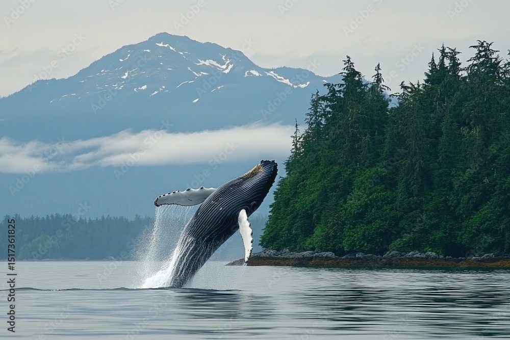 Humpback whale leaps in the mist-shrouded Alaskan fjords. Majestic ...
