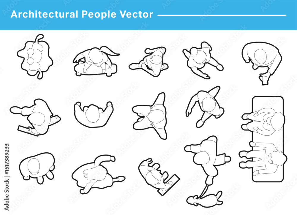 CAD Drawings. Set people outlines isolated on white background. Sitting ...
