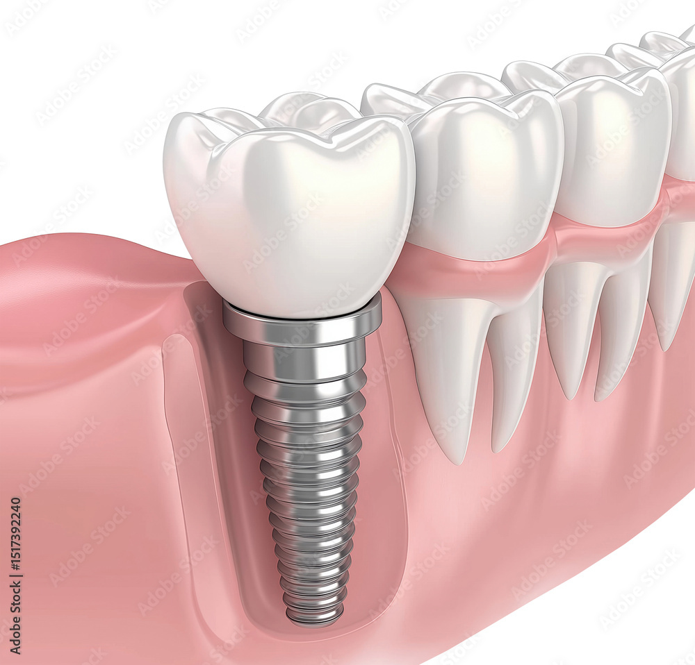 Medical cross-section illustration of dental implant with titanium ...