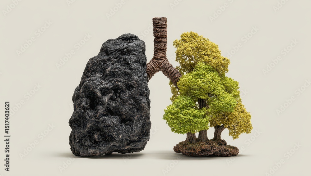Lungs, pollution, and healthy air. A model of lungs, one blackened, one ...