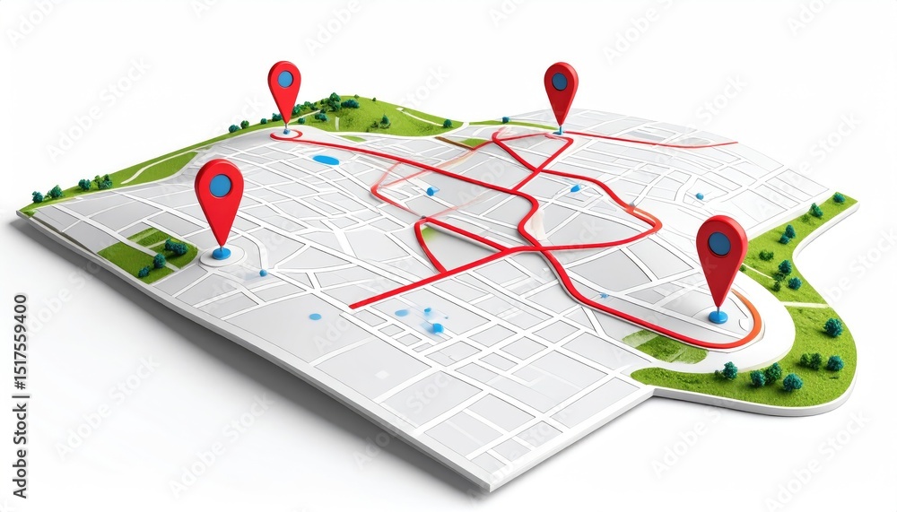 technical simulation. A 3D map illustration with route paths and ...