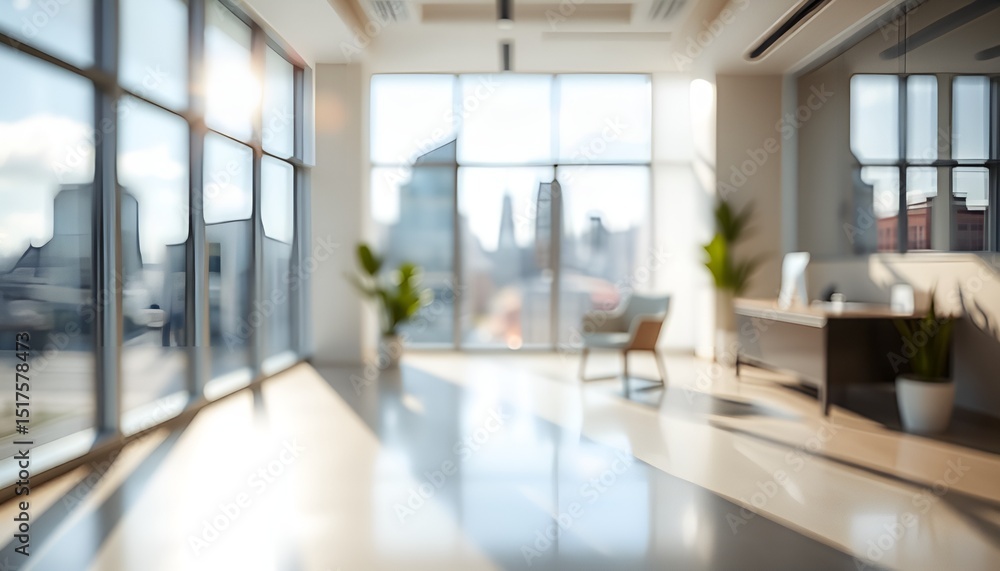 Blurred view of an airy office space with large windows showing a ...