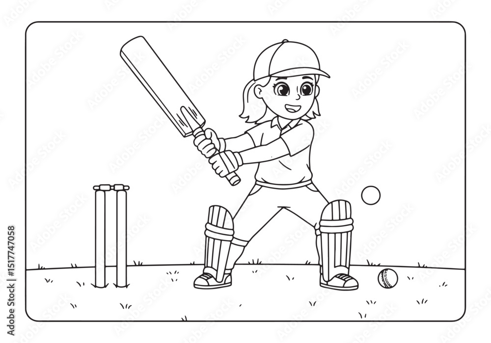 Female cricket athlete coloring page for kids, black and white i Stock ...