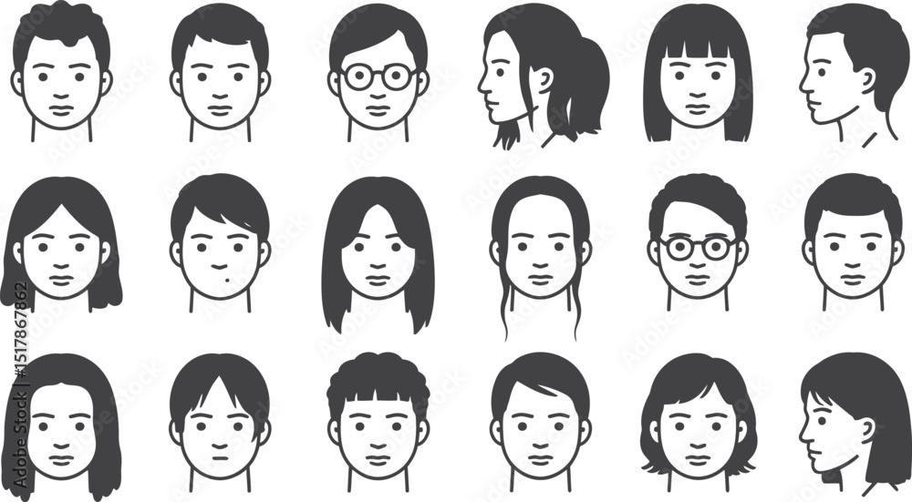 Illustration of various headshot portraits with different hairstyles ...