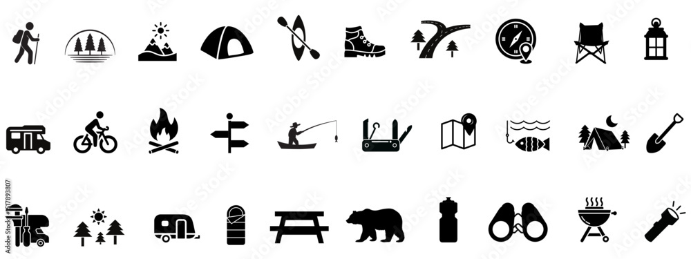 New Camping, outdoor adventure icon set. Vector glyph pictograms of eco ...