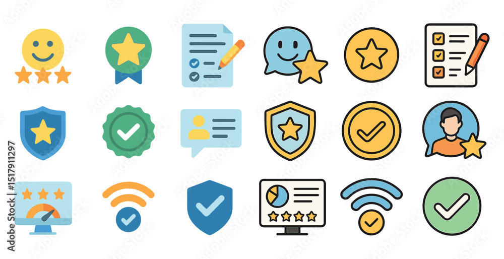 Variety of colorful rating and certification icons for digital use and ...