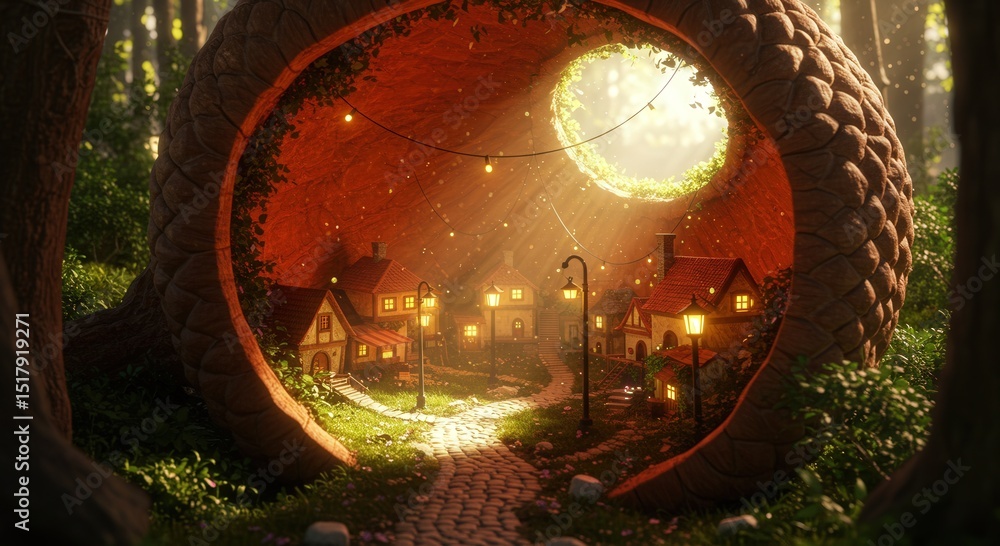 Enchanted fantasy village inside a hollow tree or log with glowing ...