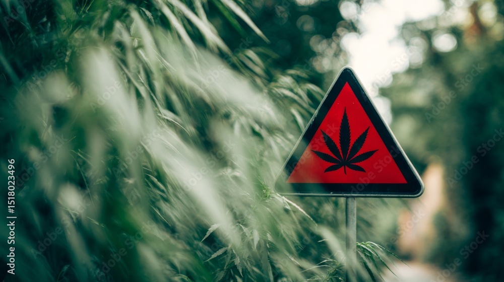 Close-up of red warning sign with cannabis leaf symbol, caution and ...