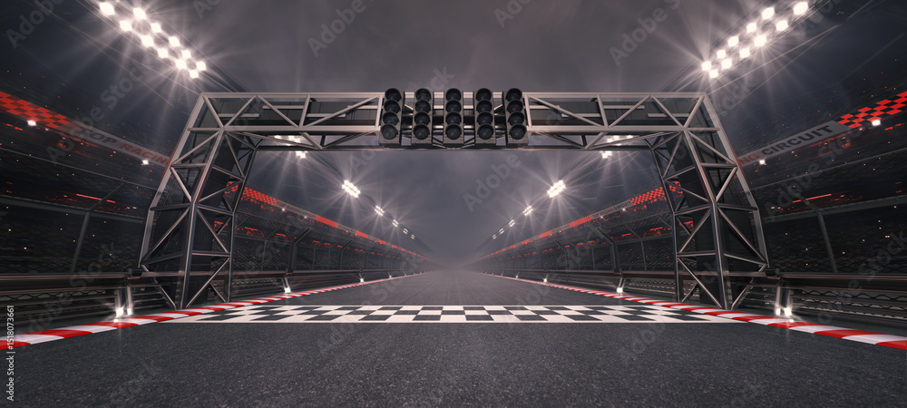Racing track and checked finish line with steel gate and glowing ...