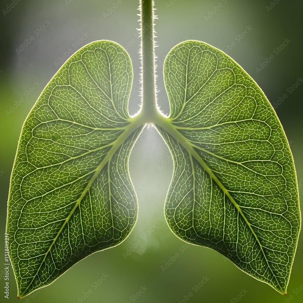 Macro of leaves with vein patterns shaped like lungs, releasing gentle ...
