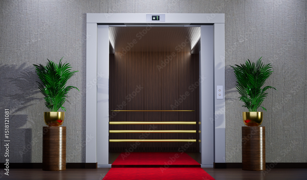 red carpet leading to open metallic silver elevator with concrete wall ...