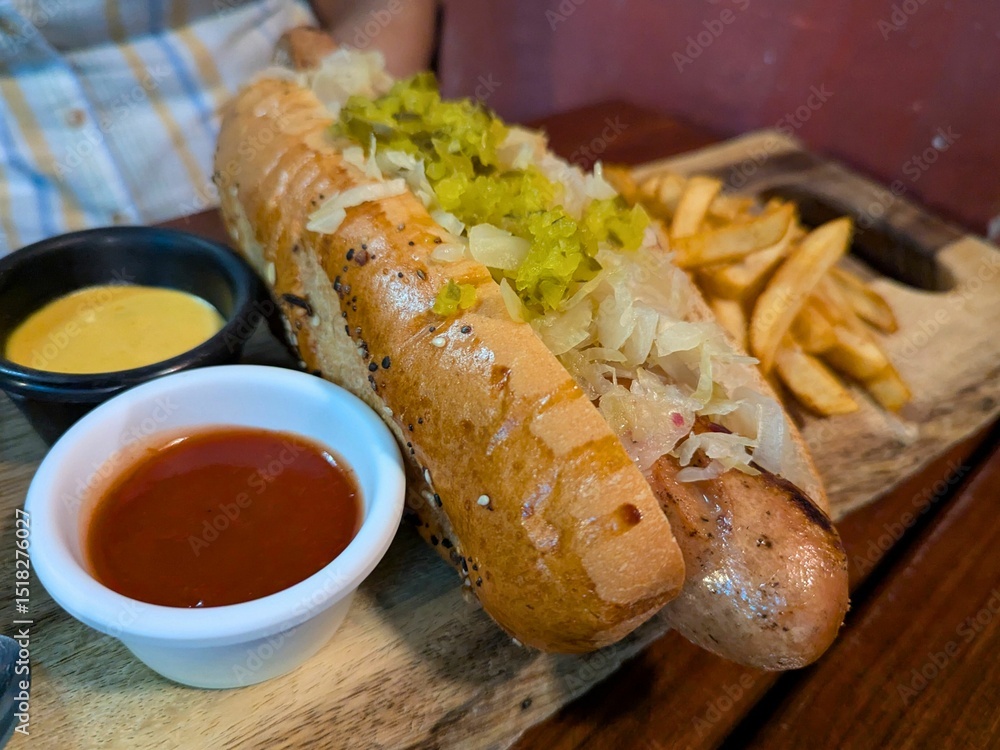 Gourmet hot dog with sauerkraut, diced pickles, and artisan bun, served ...