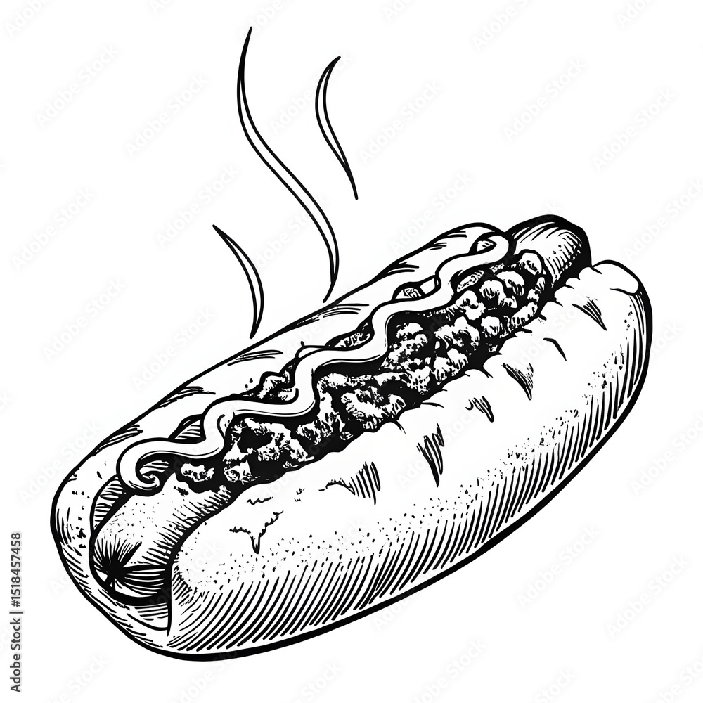 Classic chili dog with toppings in vintage style illustration Stock ...