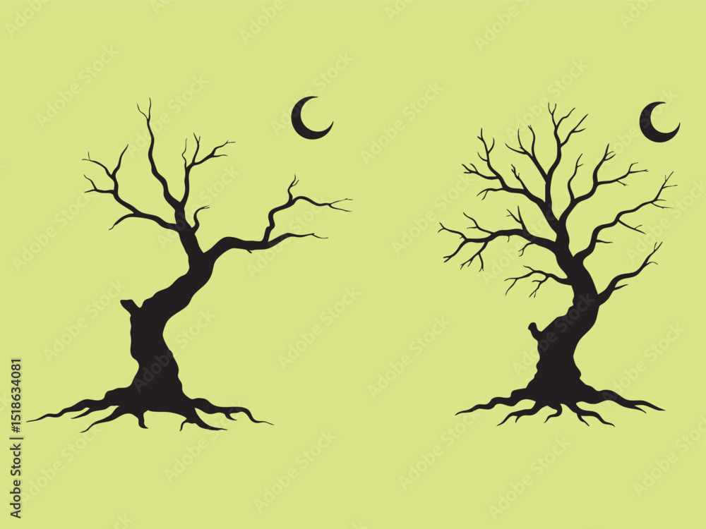 Spooky Halloween Night Scene with Bare Trees and Crescent Moon in Black ...