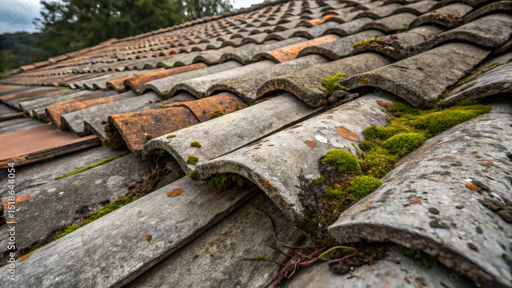 Fotografie Roof tiles with moss and lichen growth. Texture of ...