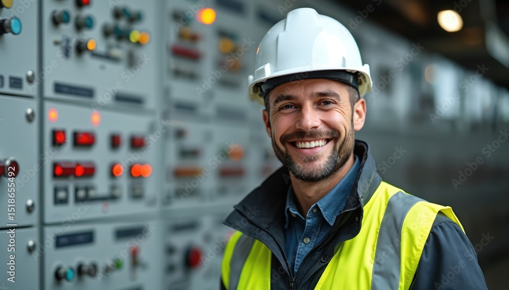Smiling electrical engineer portrait in workplace. Happy pro in safety ...