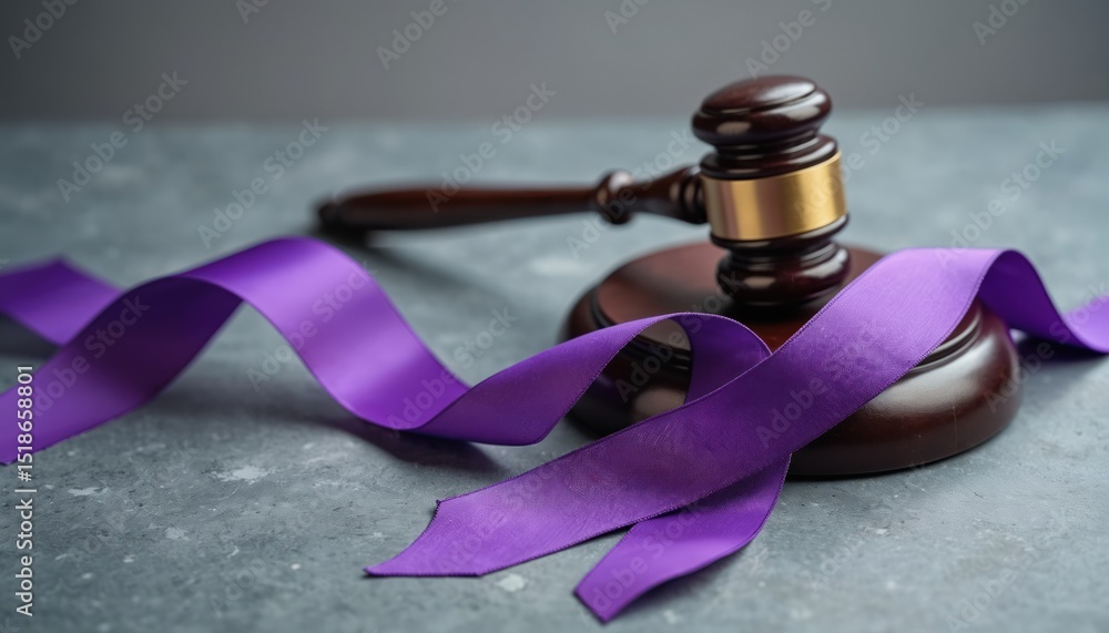 Violet ribbon, wooden gavel on grey background. Represents domestic ...