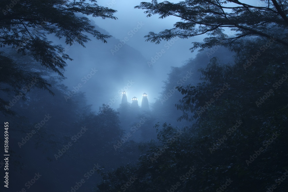 Mysterious Glow Emanates From Ancient Towers Shrouded in Mist Within a ...