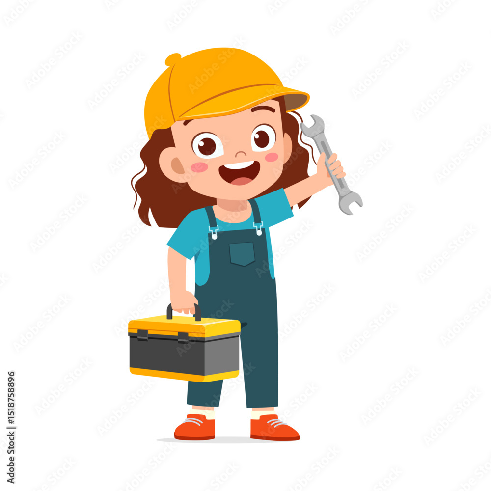 Happy Girl Holding Wrench and Toolbox Cartoon Illustration on White ...