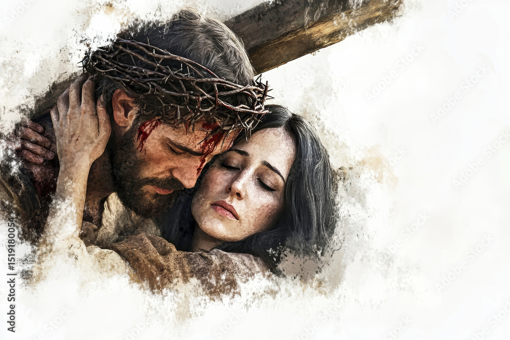 Jesus carries the cross as Mary embraces him in a heartfelt moment ...