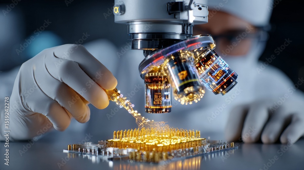 Semiconductor engineer wearing white cleanroom suit inspecting microchip under digital ...