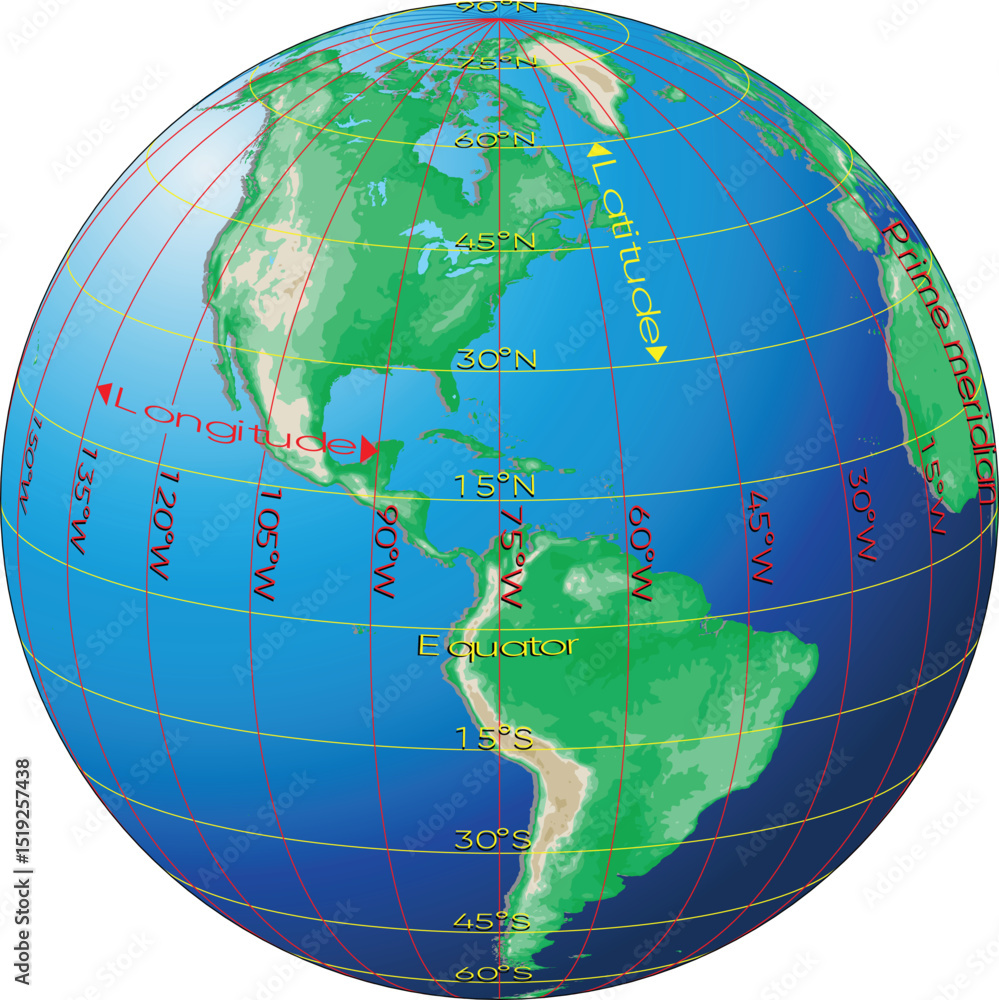 3D Globe Showing Latitude, Longitude, Equator, Prime Meridian, and ...
