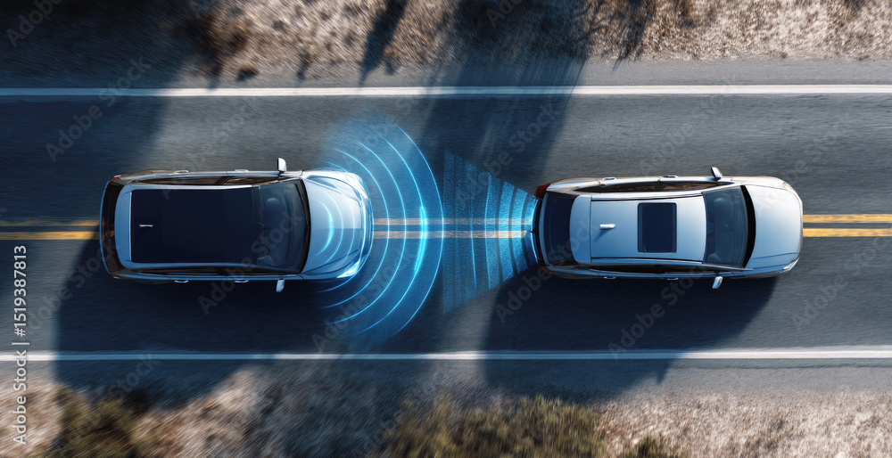 Top view of two cars using advanced driver-assistance system with radar ...
