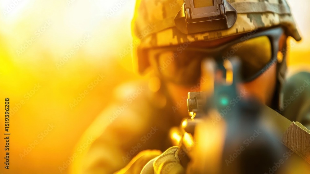 Soldier aiming firearm in golden hour light during a military training ...