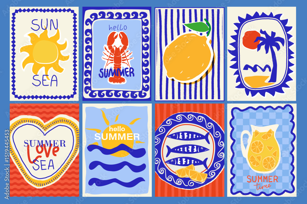 Set of sea, summer postage stamps, cards, posters. Hand drawn, paper ...