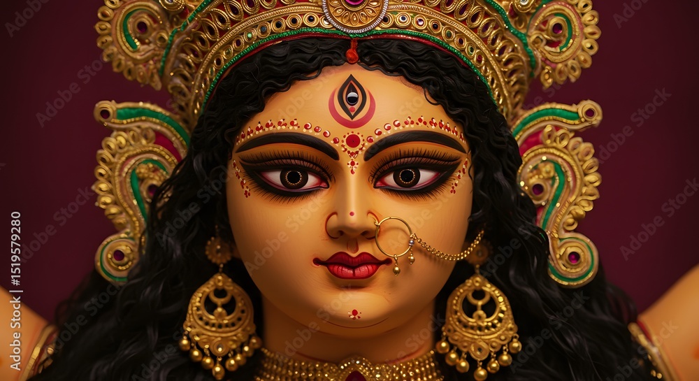 Detail shot of a Hindu goddess Durga’s face with vibrant paint and gold ...