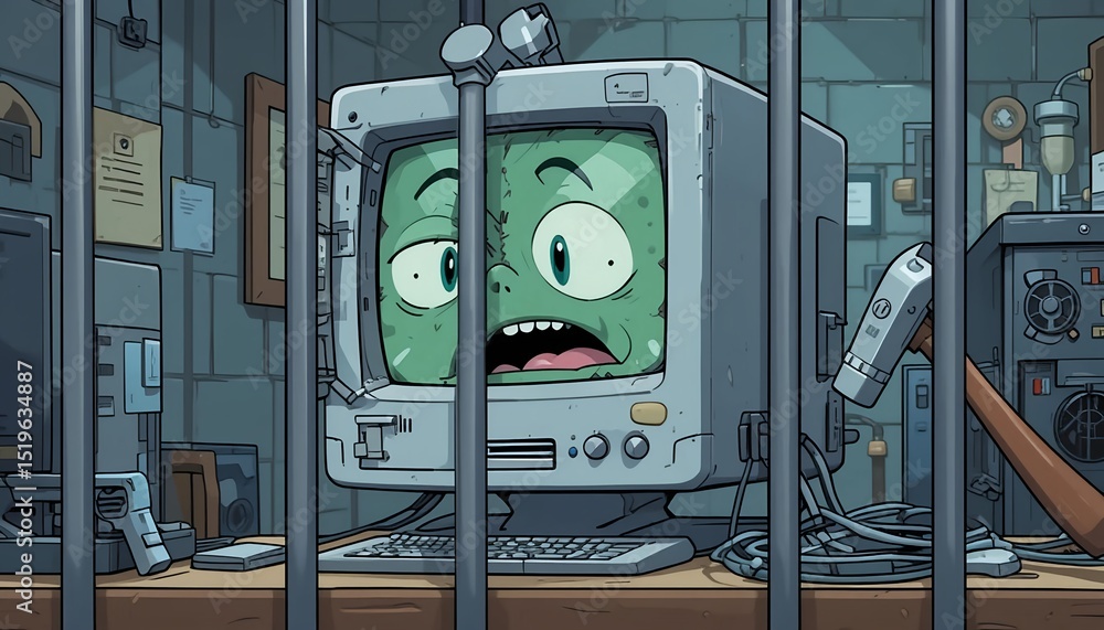 Stock-Illustration „Sad Cartoon Computer Being Repaired Behind Bars in ...