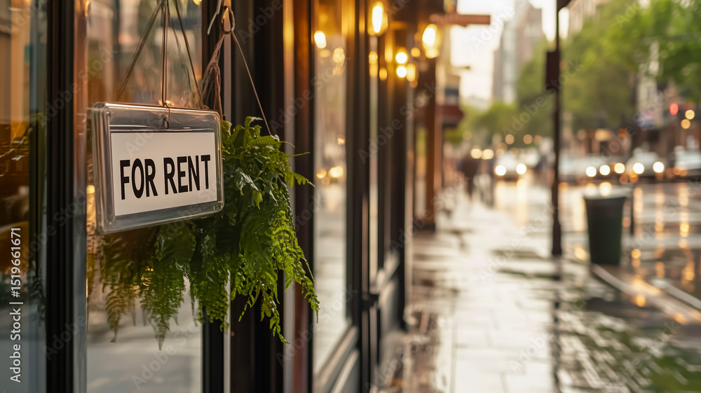 Foto de Stock For rent sign displayed in storefront during rainy ...