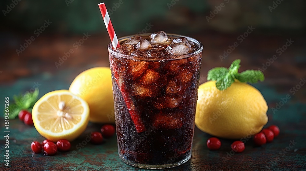 Iced cola drink with lemon and cranberries Stock Photo | Adobe Stock