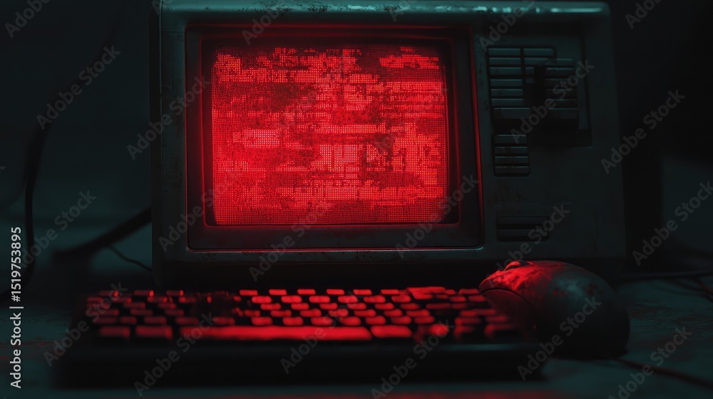 Foto de Stock Zoomed-in detail of an old desktop setup with cracked ...