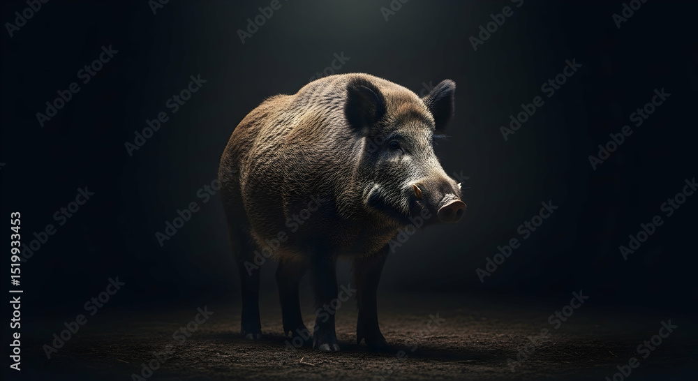 Majestic wild boar standing proudly in a dramatic dark environment and ...