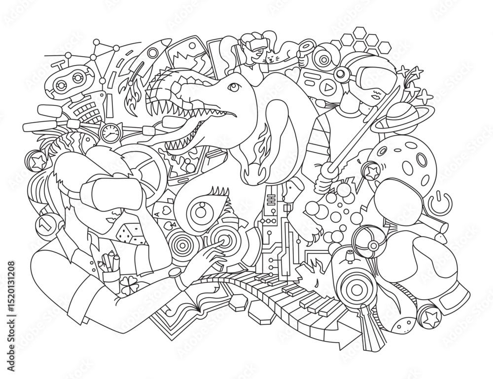 เวกเตอร์ Stock Coloring page. Virtual reality. People with smart ...