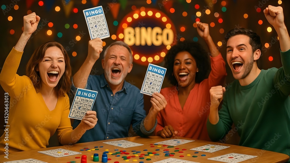 Exciting Bingo Night Celebration – Players Cheering Over Winning Cards ...