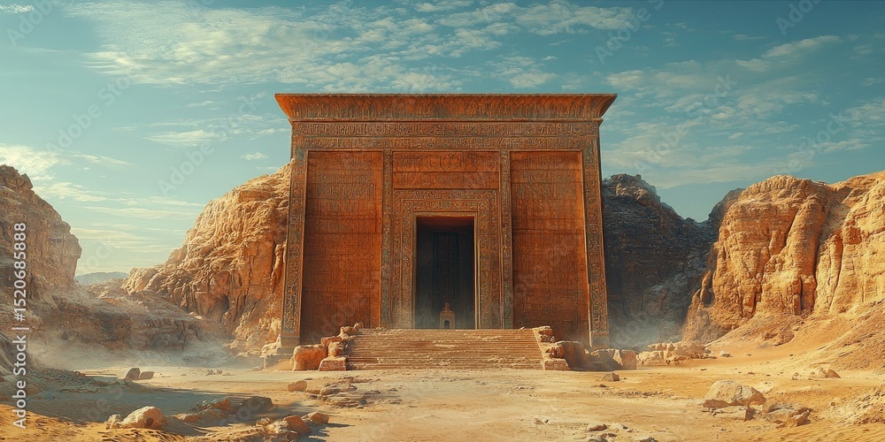 Massive rock structure with central carved gate and stairs in arid ...