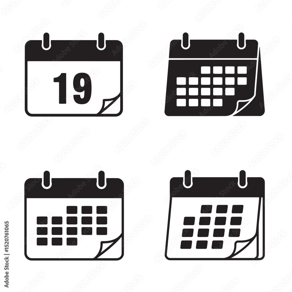 Set of four black and white calendar icons illustrating days and dates ...