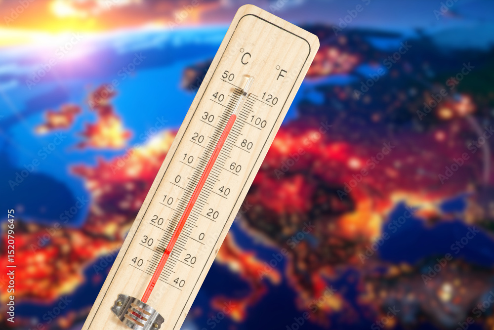 Thermometer and map of Europe in reddish colors symbolize climate ...