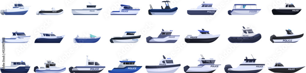 Police boat icons set. Diverse fleet of police patrol boats ...