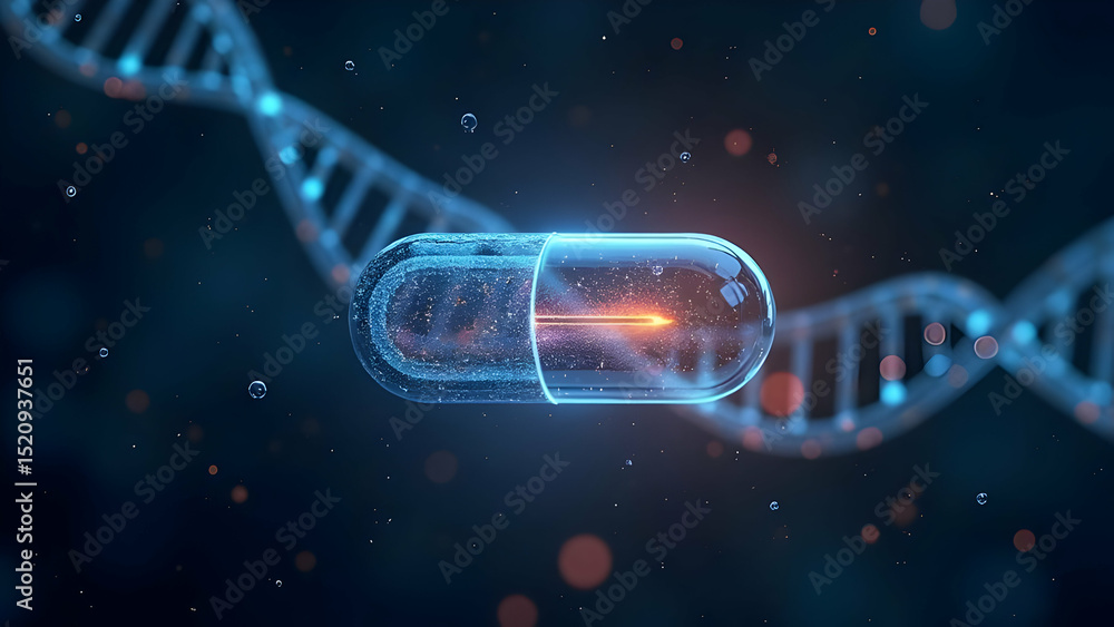 Futuristic capsule opening to reveal glowing DNA, digital nanomedicine ...
